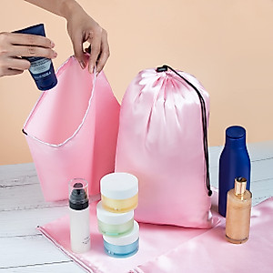 PALTERWEAR Satin Bags with Drawstring and Toggle - Cinch and Ditty Pouch for Travel, Bedroom and Wardrobe - Set of 12 (10 x 15 inch, Pink)