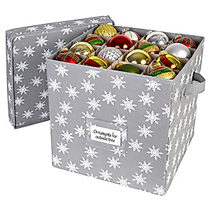 HOLDN’ STORAGE Christmas Ornament Storage Box with Lid - Christmas Decor Storage Containers that Store up to 64 Holiday Ornaments - Grey/White Snowflakes Trim