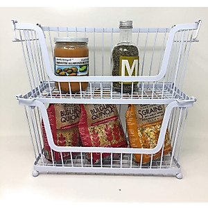 Stacking Metal Baskets, Set of 2, for Pantry, Closet, Shelf Organization, by HomeSimple (White)