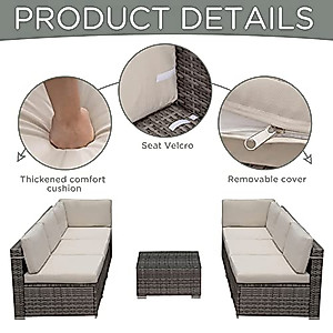 SUNVIVI OUTDOOR 7 Piece Patio Sectional Grey Wicker Furniture for Backyard, Garden with String Beige Cushions, Clips, Coffee Table