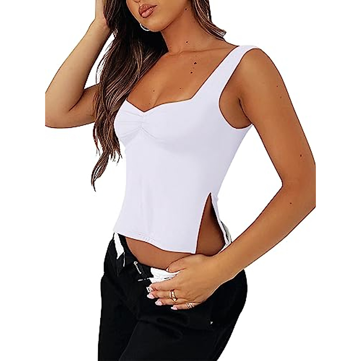 REORIA Women Summer Tops Sexy Ruched Sweetheart Neck Sleeveless Backless Side Split Tank Tops Going Out Y2K Trendy Cropped Tank Tops Pluse Size White Medium
