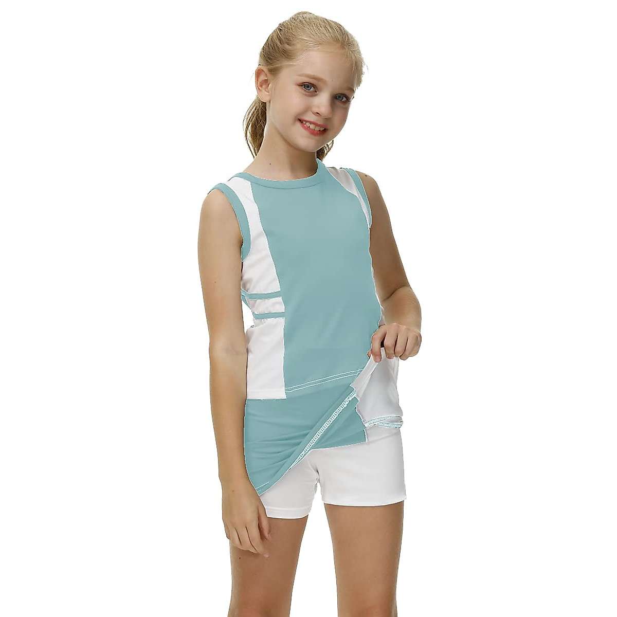 Girls Tennis Athletic Outfit Set Sports Color Block Casual Tank Top Golf Skirt Built in Shorts Light Green 6-7 Years
