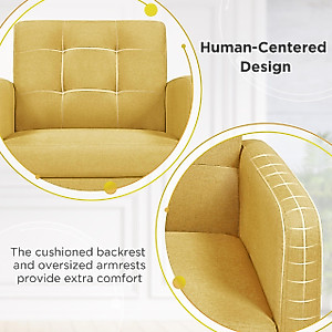 Yaheetech Mid-Century Accent Chairs, Modern Upholstered Living Room Chair, Cozy Armchair Button Tufted Back and Wood Legs for Bedroom/Office/Cafe, Set of 2, Yellow