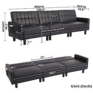 IPKIG 106" Futon Sofa Bed, Convertible Sleeper Sofa, 3-Seater Sofa Bed Couch, Faux Leather Split-Back Sofabed for Living Room Home Office Hotel with Adjustable Backrest and Side Pockets (Black)