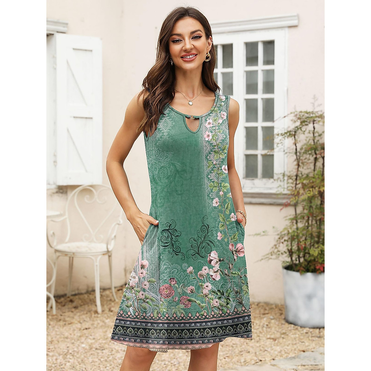 ETCYY Summer Dresses for Women 2025 Trendy Boho Floral Print Beach Cover Up Casual Spring Sleeveless Sundresses(XL.Flower Green)