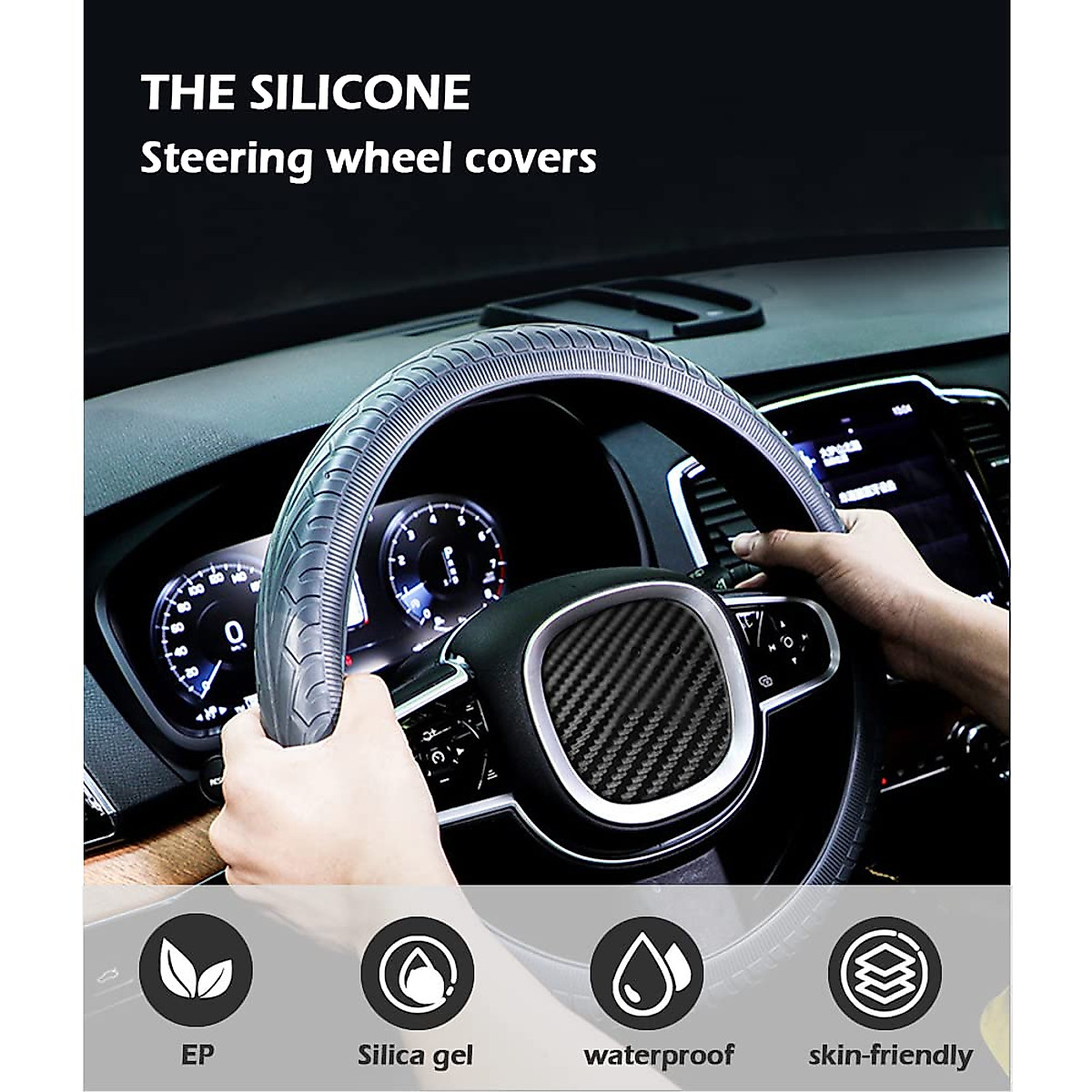 Silicone Steering Wheel Cover丨Non-Slip Elastic Wheel Cover for Car with Tire Texture Ensuring Safe Driving丨Cool Car Accessories Fits Car Truck SUV (Black)