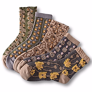 VETEVORY Women Vintage Pink Floral Patterned Cute Ruffle Cotton Ankle Socks 5 Pairs (Multi_A)