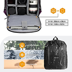 TARION Camera Bag Professional Camera Backpack Case with Laptop Compartment Waterproof Rain Cover for DSLR SLR Mirrorless Camera Lens Tripod Photography Backpack for Women Men Photographer Purple TB-S