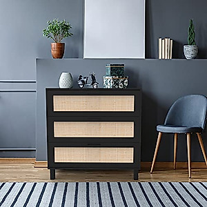 CREATIVELAND 3 Drawer Dresser, Oxford Rattan Chest of Drawers End Cabinets Storage Corner Bedside Table for Bedroom,Living Room,Entryway, Durable Modern Luxury Furniture Decorative (Black)