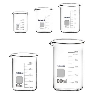 Labasics Glass Beaker Set, Borosilicate Glass Graduated Low Form Griffin Beakers in 5 Sizes, 50 ml/100 ml/250 ml/500 ml/1000 ml (1 L), Combo Pack