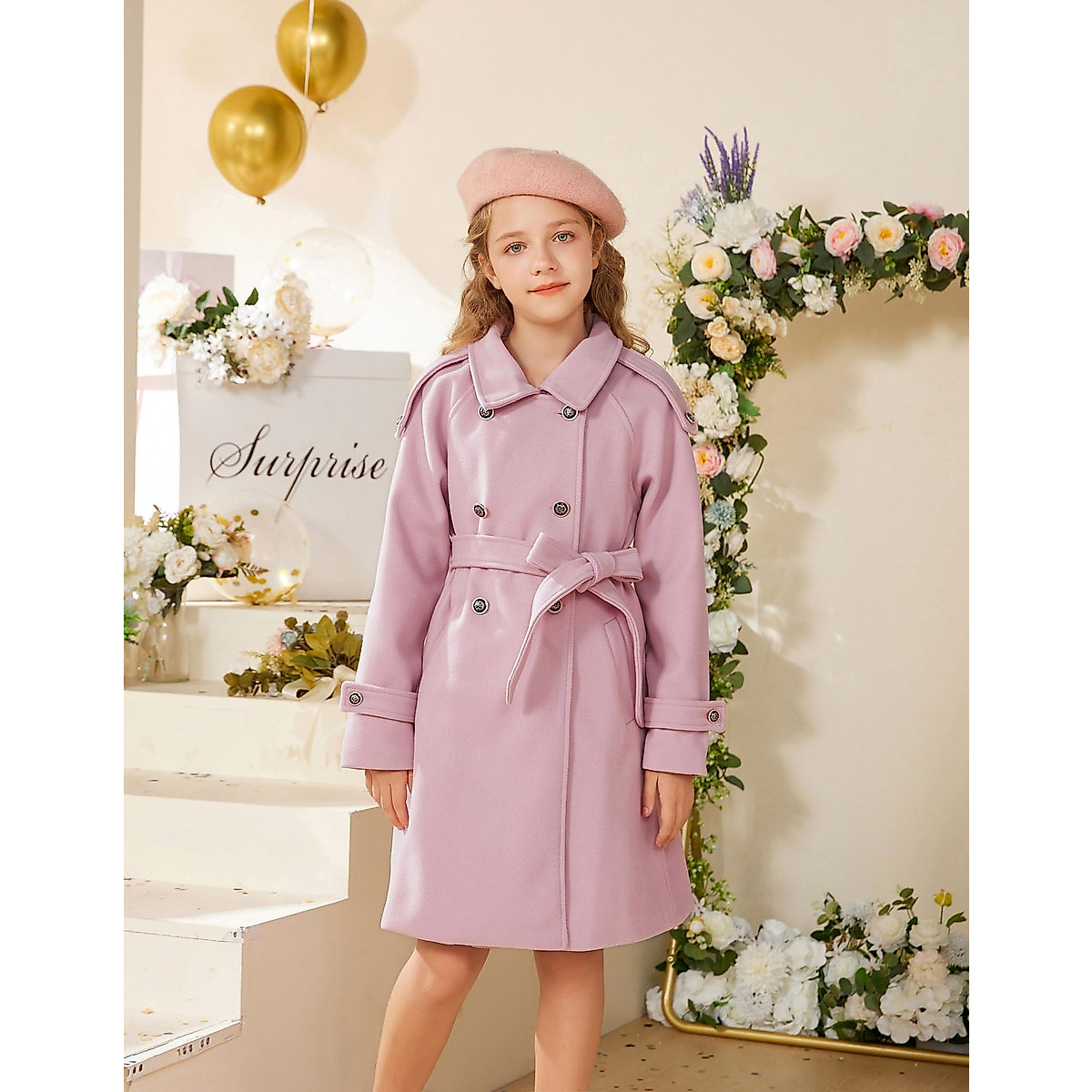 GRACE KARIN Kid Dress Coat Lapel Long Winter Pink Coats for Girls Size 8-10 Pockets Belt