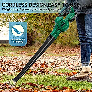 WISETOOL 20V Cordless Leaf Blower with Battery and Charger, Leaf Blower Battery Operated, Rechargeable Electric Handheld Leaf Blower Variable Speed with 2 Tubes for Patio, Leaves & Snow Blowing-Green