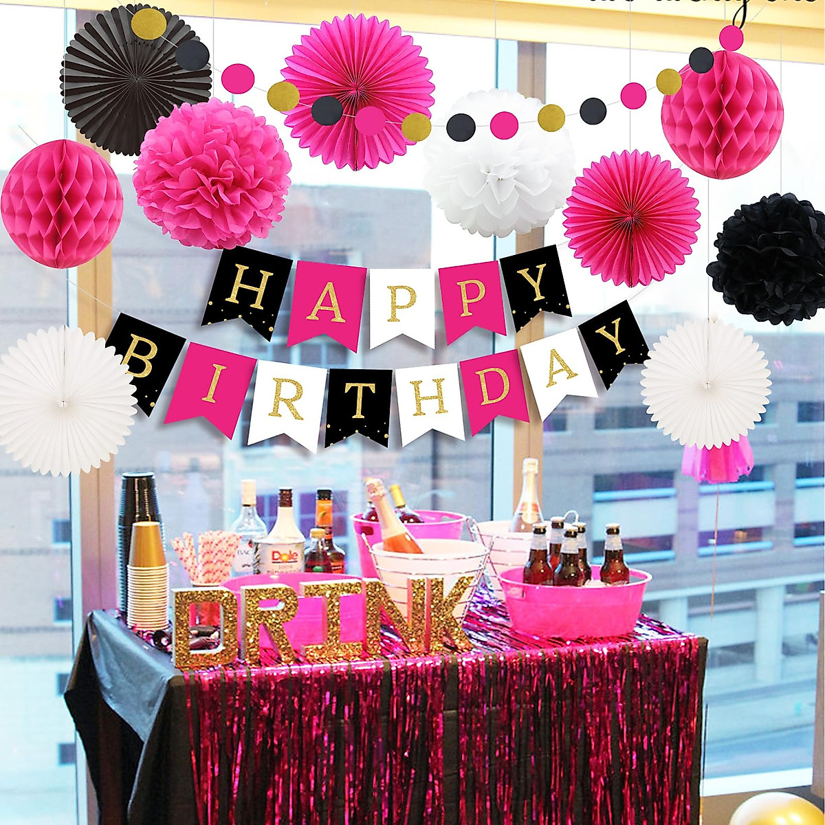 Birthday Decorations for Women Hot Pink and Black White Happy Birthday Bunting Banner Tissue pom Poms Paper Fans Circle Dots for Girls Birthday Party Supplies