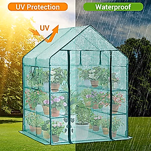 Greenhouse for Outdoors with Screen Windows, Ohuhu Walk in Plant Greenhouses Heavy Duty with Durable PE Cover, 3 Tiers 12 Shelves Stands 4.8x4.8x6.3 FT Plastic Portable Green House with Shelf Clips