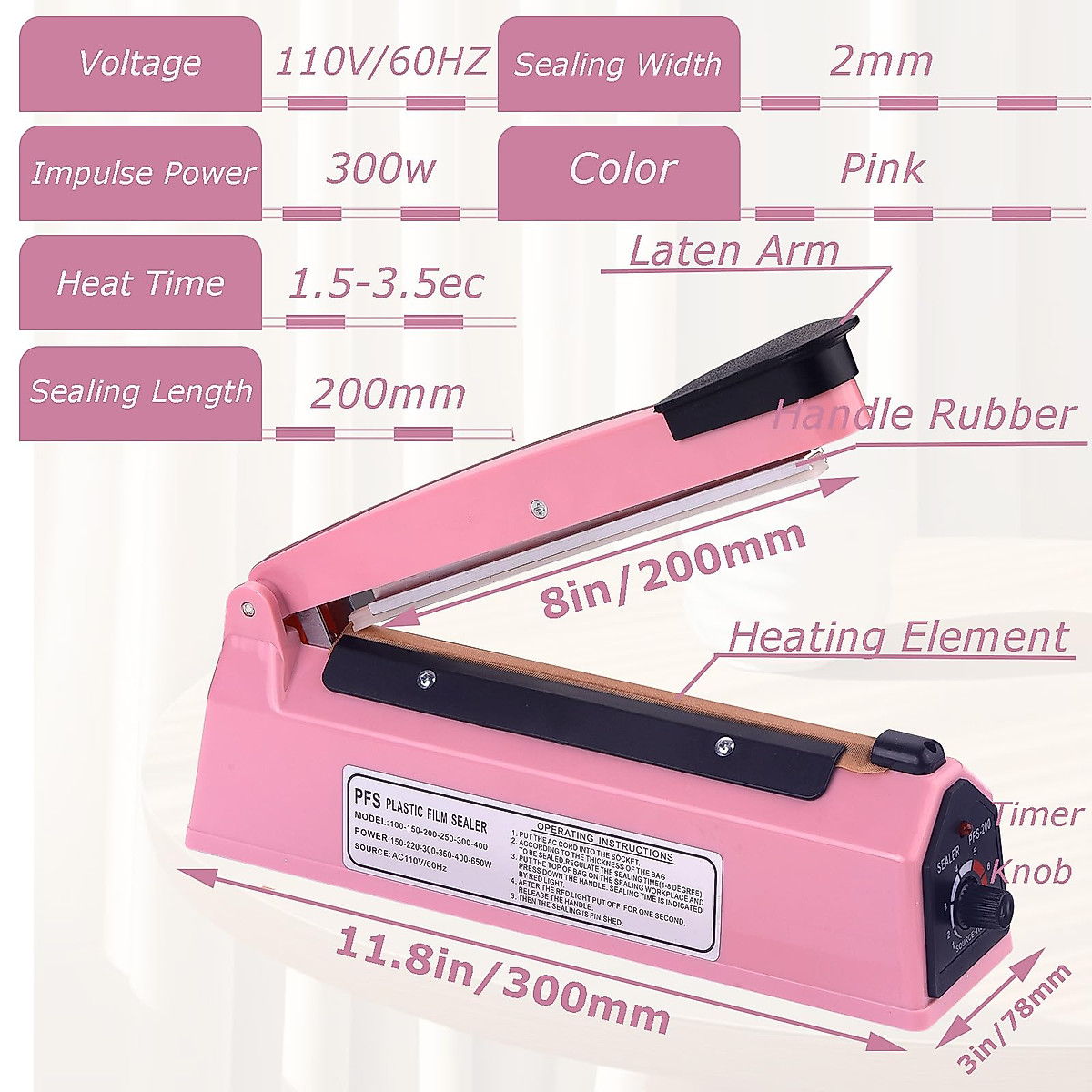 Impulse Bag Sealer 8 inch, Impulse Heat Sealer, Manual Impulse Bag Sealer Poly Bag Sealing Machine Heat Seal Closer for Plastic Bags PE PP Bags