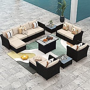 XIZZI Patio Furniture Set Outdoor Sectional Sofa with 42" 50000BTU Gas Propane Fire Pit Table 13 Pieces PE Wicker Rattan Patio Conversation Sets with 4 Pillows and Furniture Covers,Fire Pit/Beige
