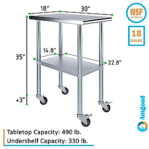 30" X 18" AmGood Stainless Steel Work Table with Wheels | Metal Mobile Table | Food Prep