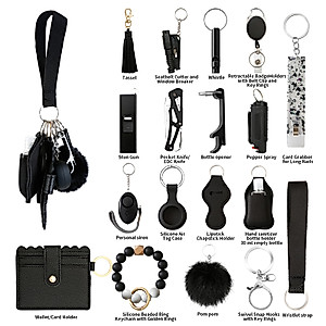 Araafur Leather Wristlet Keychain Set with Personal Alarm and Bottle Opener, Car Keychain Accessories for Women (Black 2)