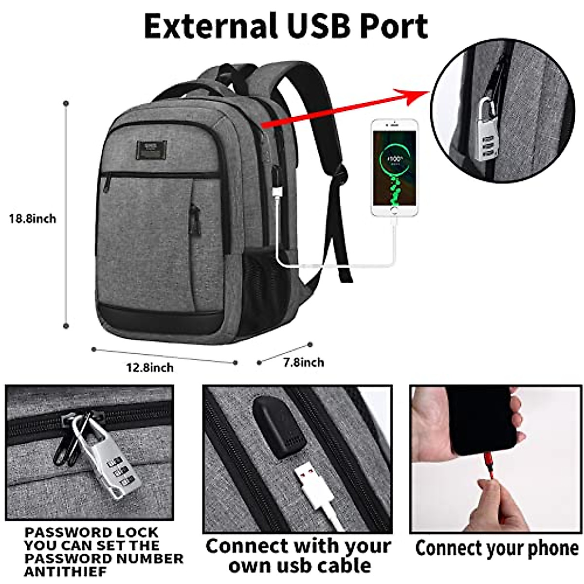 QINOL Travel Laptop Backpack, Business Anti Theft Durable Laptop Backpack with USB Charging Port, Water Resistant College Bag Computer Bag Gifts for Men Women Fits 15.6 Inch Notebook