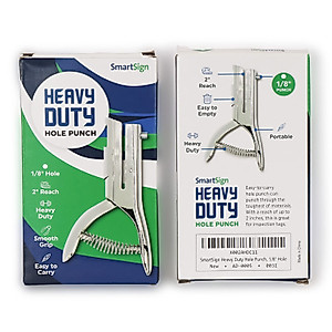 SmartSign Single Hole Heavy Duty Hand Held Hole Punch - 1/8 inch (3 mm) Hole Punch, 2 inch reach, for Id card, PVC Card, Badge, foil, 5" Tall, Silver