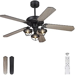 YOUKAIN Farmhouse Wooden Ceiling Fans, 52 Inch Industrial Ceiling Fan with 3 Lights and Remote Control, 5-Reversible Blades Indoor/Outdoor, Matte Black/Barnwood Finish, 52-YJ631