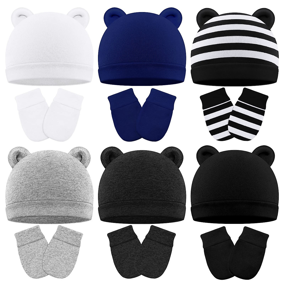 URATOT 6 Sets Newborn Baby Hats Mittens Sets Unisex Cotton Bear Ears Infant Caps Beanie Hat No Scratch Mittens for 0-3 Months
