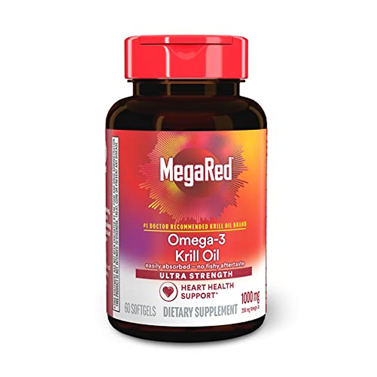 MegaRed #1 Doctor Recommended Krill Oil Brand - 1000mg Omega 3 Supplement with EPA, DHA, Astaxanthin & Phospholipids, Supports Heart, Brain, Joint and Eye Health, No Fish Aftertaste 60 Softgels
