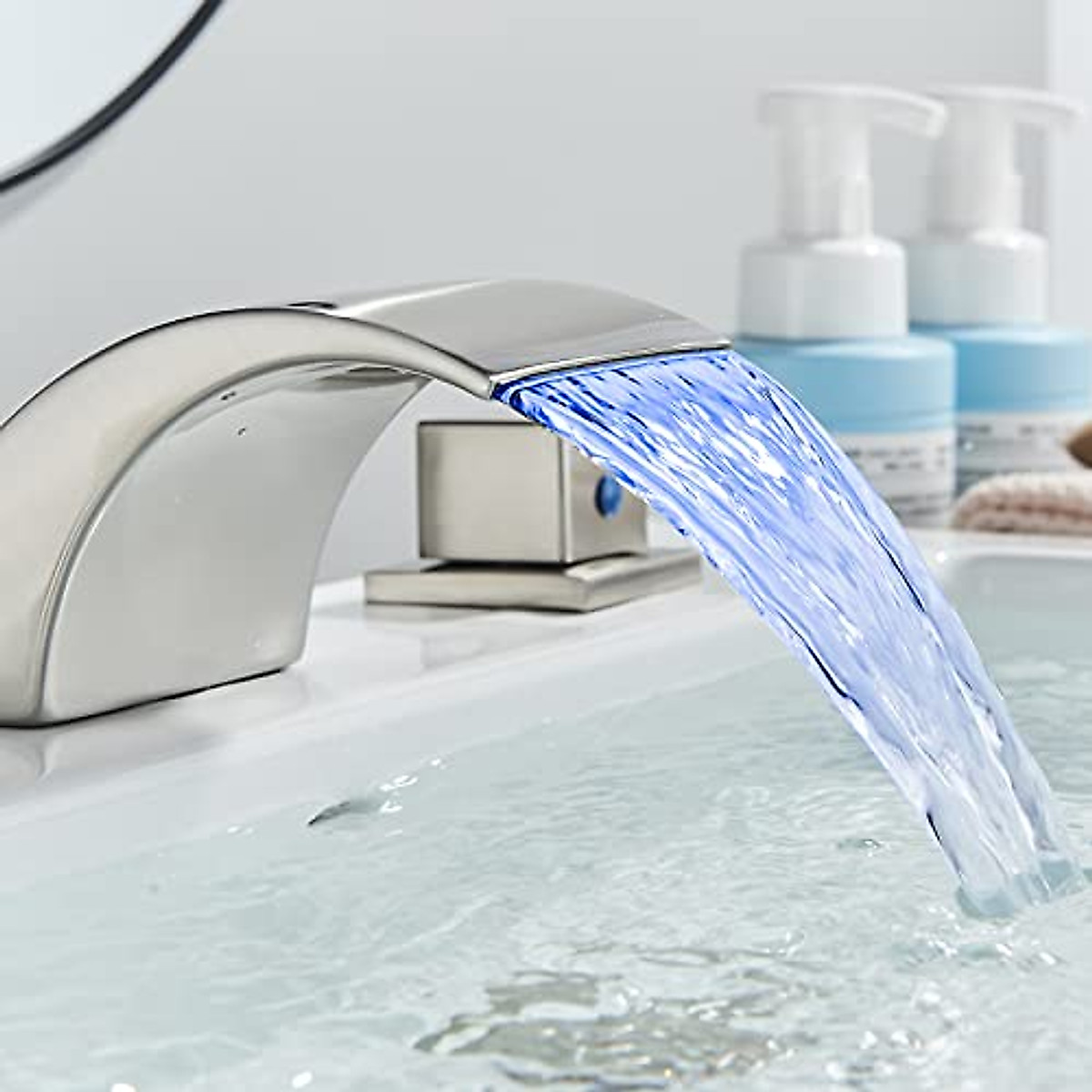 Oulantron Waterfall Widespread Bathroom Sink Faucet Bathroom Basin Sink Faucet LED with Changing 2 Handle 3 Hole Brushed Nickel Cold and Hot Water Mixer Vanity Bathroom Faucet