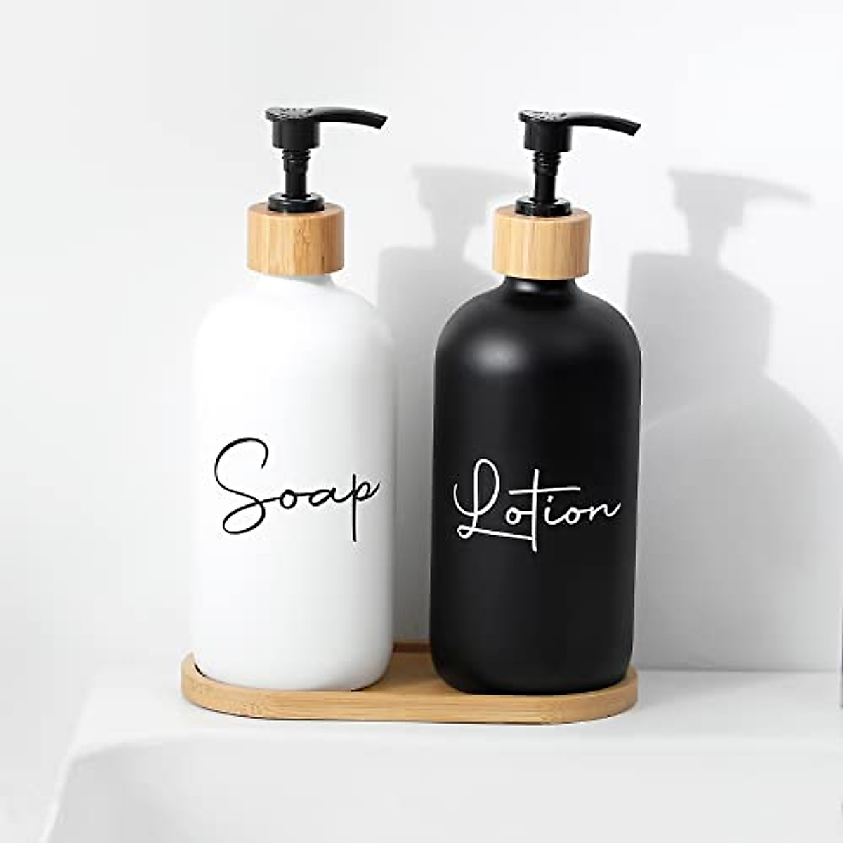 17 oz Hand Soap Dispenser Empty Glass Lotion Pump Bottles, Refillable Liquid Dish Soap Bottles for Bathroom Decor, Kitchen Sink, Matte Design and Wood Tray, Pack of 4