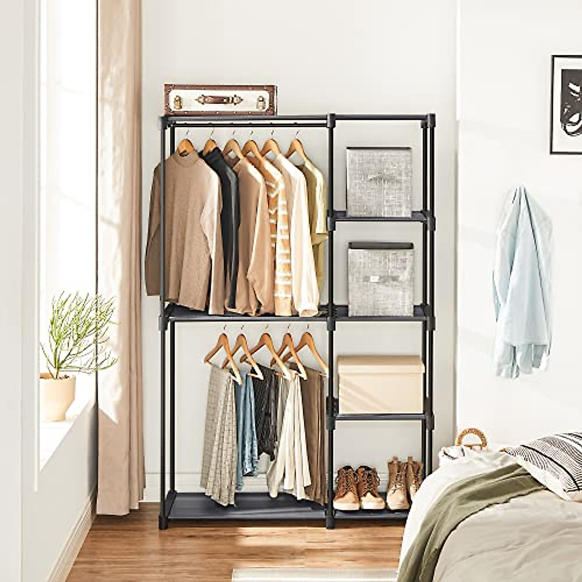 SONGMICS Freestanding Closet Organizer, 44-Inch Clothes Rack with 2 Hanging Rods, Portable Wardrobe Clothes Organizer with 4 Storage Shelves, Gray URYG024G02