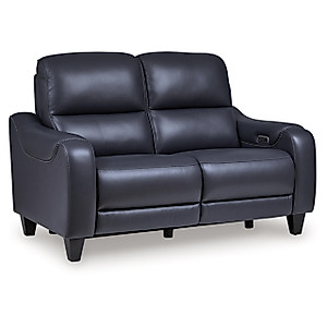 Signature Design by Ashley Mercomatic Contemporary Leather Match Wall Hugger Power Reclining Loveseat with Adjustable Headrest and USB Ports, Blue