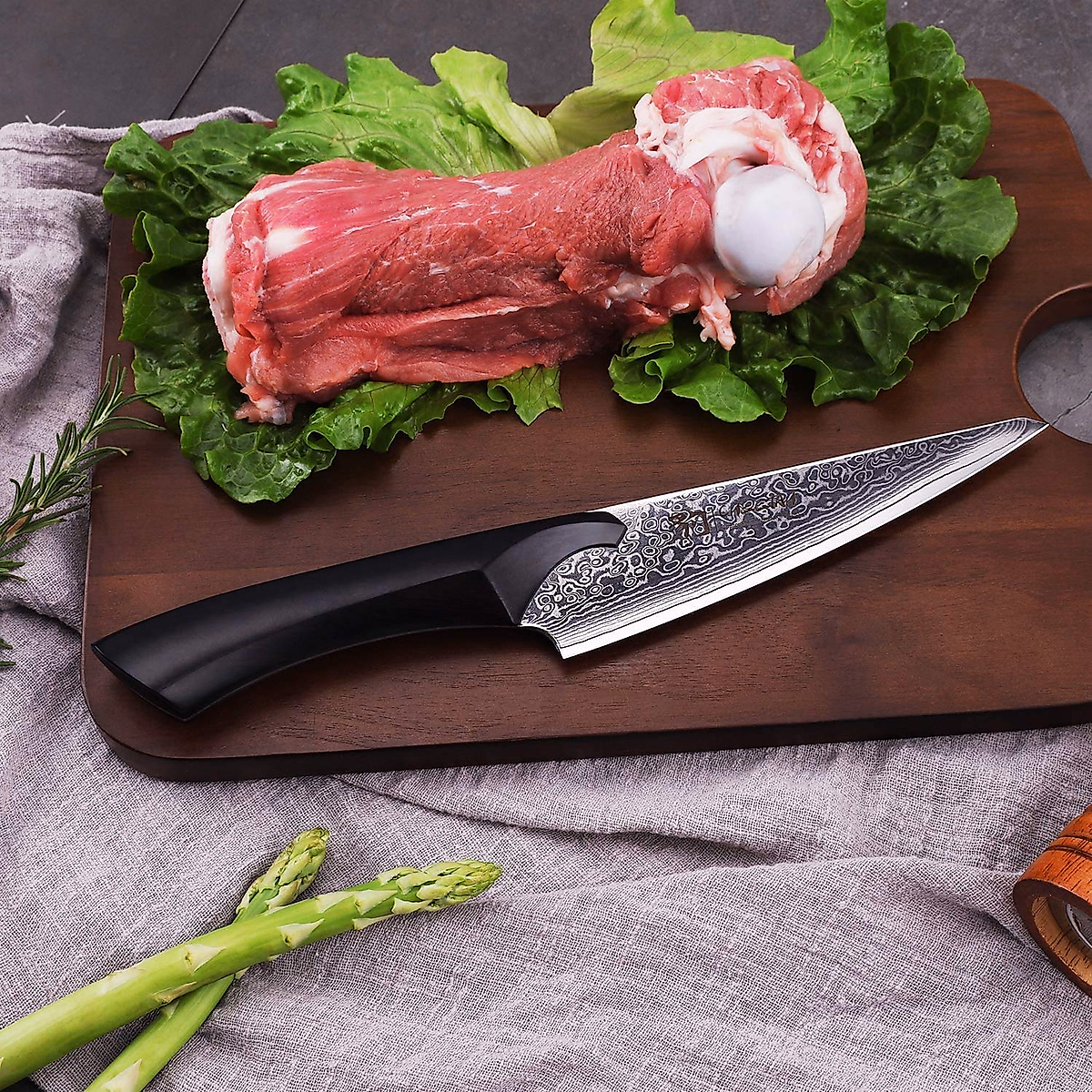 FINDKING 6 Inch Boning Knife, Damascus Steel Skinning Knife, Sharp Meat Knife for Bones (Cheetah Series, w/Ebony Wood Handle)