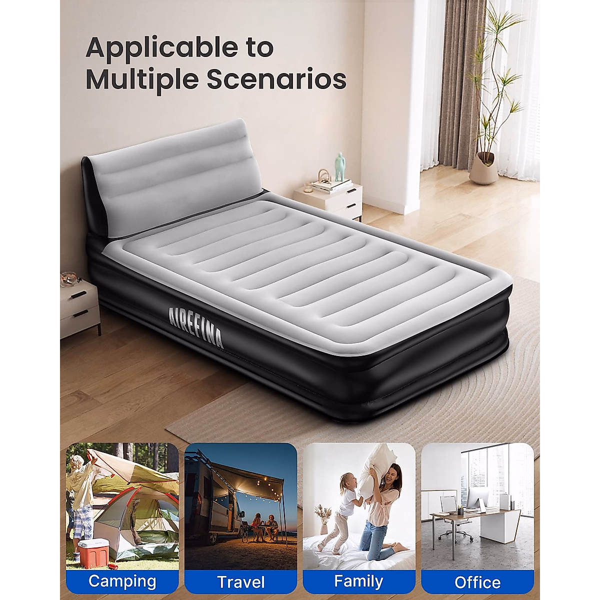 Airefina Air Mattress Full with Built in Pump and Headboard