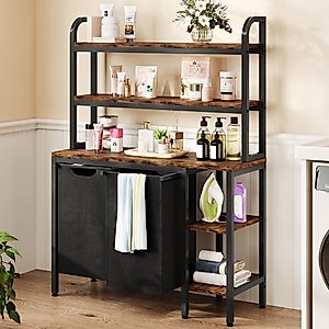 GAOMON Laundry Basket,Laundry Hamper 2 Section with Side Shelves,3 Tiers Laundry Sorter with 2 Pull-Out and Removable Laundry Bags,Black & Rustic Brown