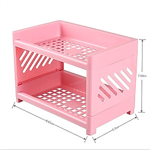 XINGWANG Double-Layer Desktop Storage Rack, Foldable Office Stationery Storage Rack,Kitchen Seasoning Storage Rack, Bathroom Cosmetic Storage Rack (Pink, 2-Layer)