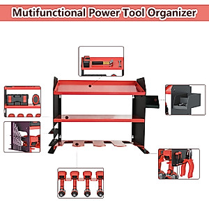 Luffioner Drill Storage Rack，Power Tool Organizer Drill Holder Wall Mount， Drill Organizer for Garage, Workshop,Drill Bit Storage Shlef, Holds 4 Drills with Screws Box (Red)