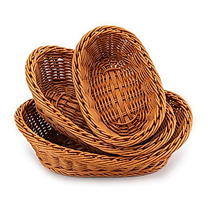 Yarlung 3 Pack Poly-Wicker Woven Breads Baskets, Stackable Oval Fruit Baskets Food Serving Holders for Vegetables, Home, Kitchen, Restaurant, Outdoor, Imitation Rattan Brown, 3 Sizes