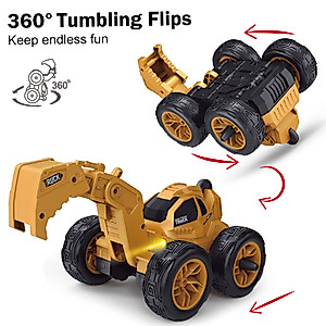 Dawdix Remote Control Excavator Toy Truck, Rotate 360 degrees Excavator Construction Vehicles with LED Light, 2 Rechargeable Batteries, Ideal Gift for Kids