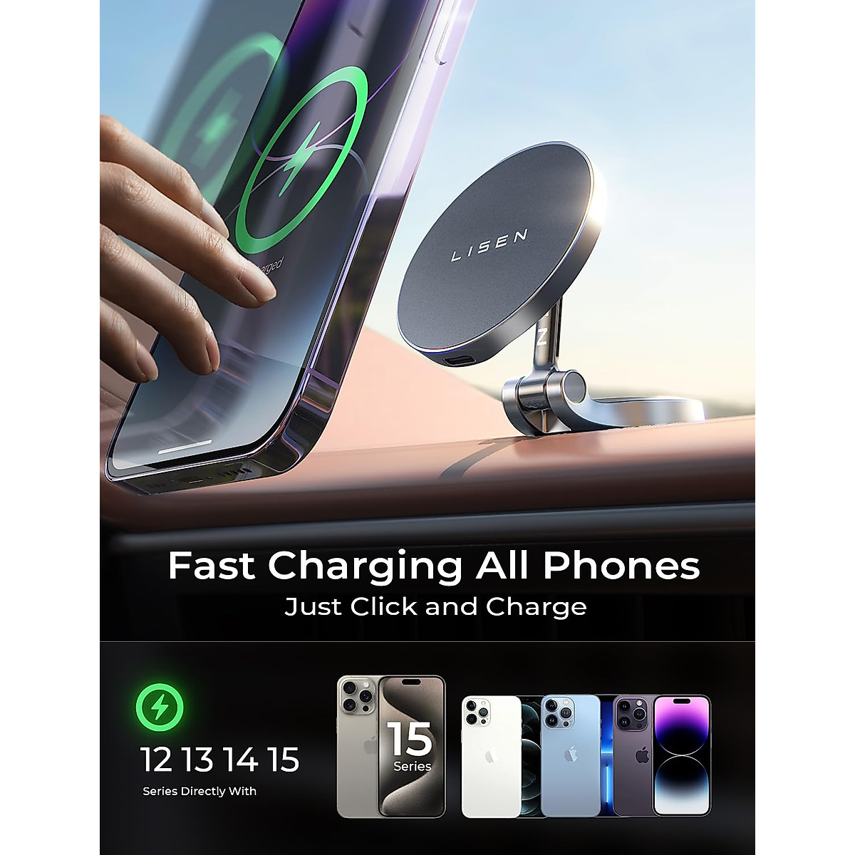 LISEN for Magsafe Car Mount Charger [Fastest Charging Speed] 15W Fast Charging Wireless Car Charger iPhone Car Mount, Phone Holder Mount for Car Dashboard for iPhone 15 Pro Max Plus 14 13 12 Mini