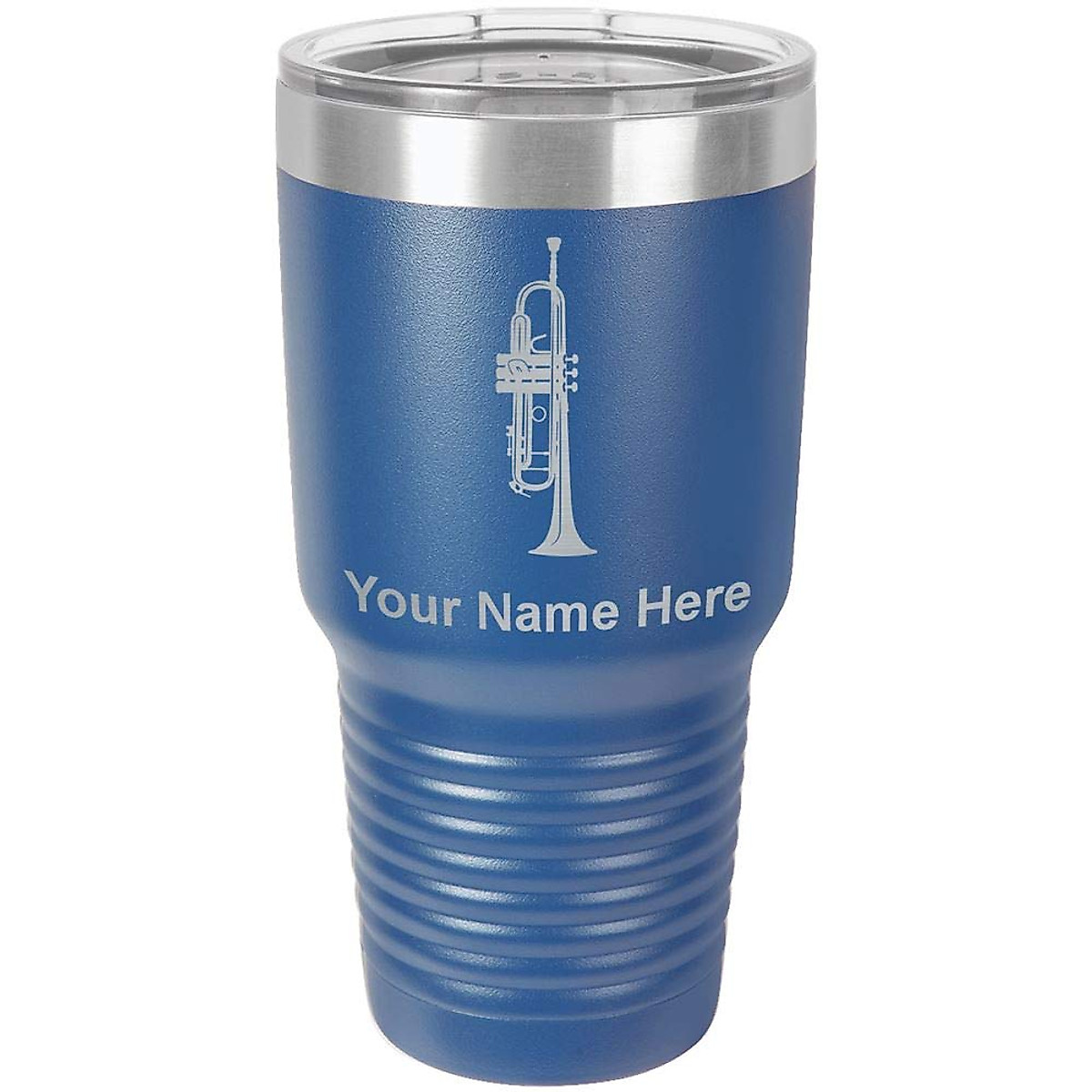 LaserGram 30oz Vacuum Insulated Tumbler Mug, Trumpet, Personalized Engraving Included (Dark Blue)