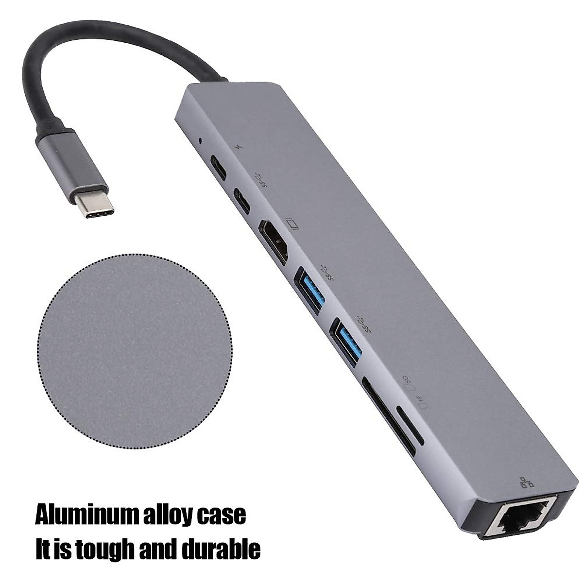 8 in 1 HUB, USB3.0 HDMI HUB Multiport Adapter, Plug-and-Play Memory Card Reader for Laptop with Aluminum Alloy Case.