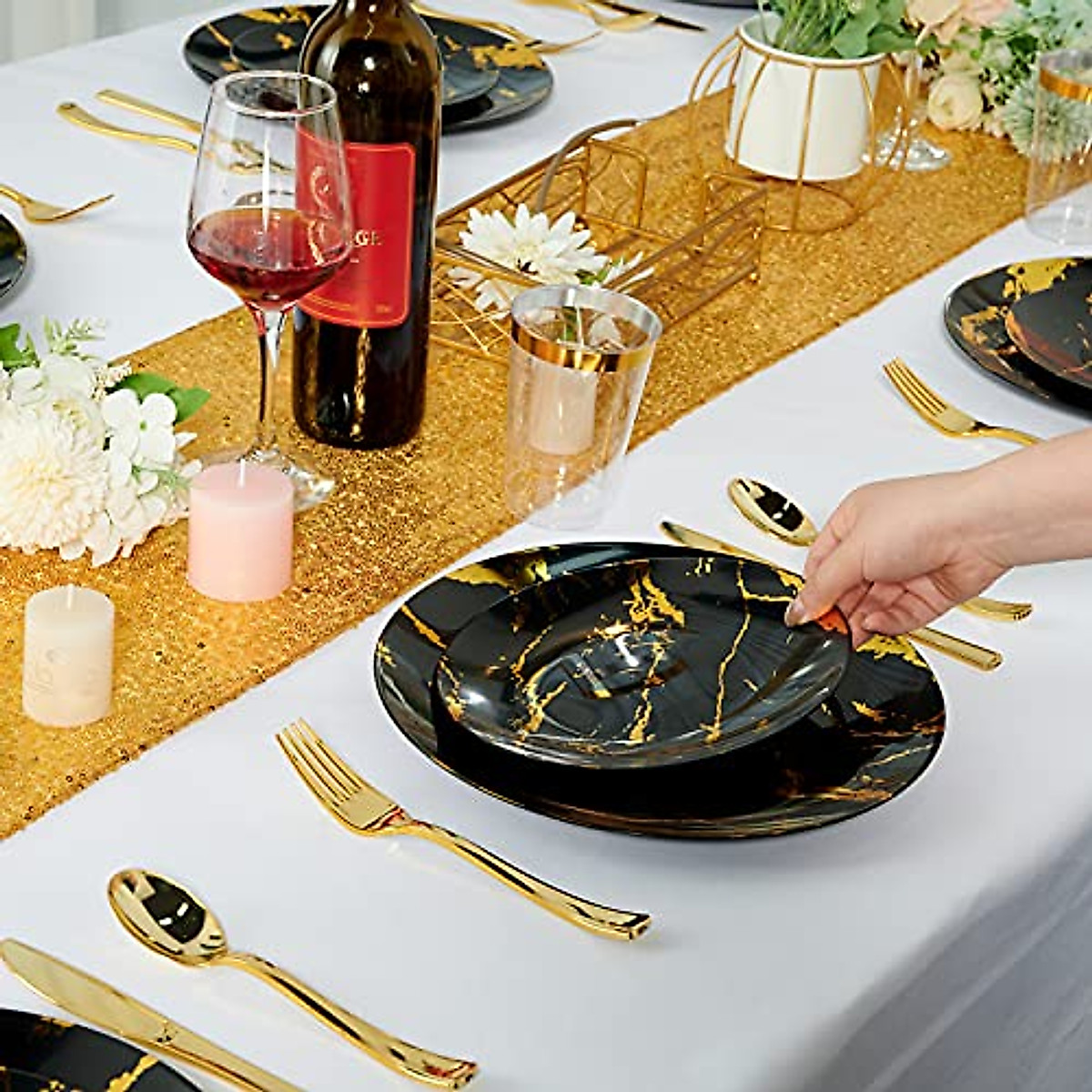 JOLLY PARTY 180PCS Disposable Dinnerware Set 30 Guest, 60 Black and Gold Plastic Plates, 30 Plastic Silverware, 30 Plastic Cups, Marble Design Disposable Plastic Dinnerware for Wedding and Parties