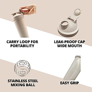 Eco-Friendly Shaker Bottle w/Mixer Ball, 20 oz (600ml) | BPA Free, Wheat Straw | Protein Shakes, Smoothies