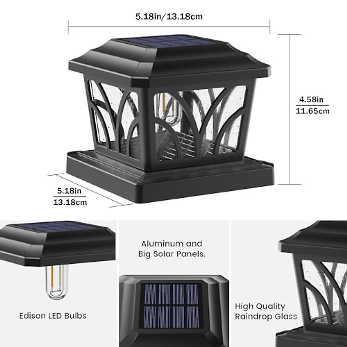 SIEDiNLAR Solar Post Cap Lights Outdoor, Aluminum Glass 2 Modes Edison LED Bulbs for 4x4 5x5 6x6 Vinyl Wooden Posts Deck Fence Patio Decor, Warm White/Cool White Lighting 6 Pack (Black)