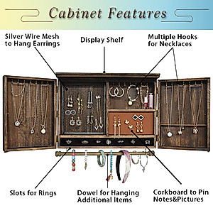 GLANT Rustic Wall Mounted Jewelry Organizer with Wooden Barndoor Decor,Wooden Wall Mount Holder,Jewelry holder for Necklaces, Earings, Bracelets, Ring Holder. Includes matching hook organizer (Rustic)