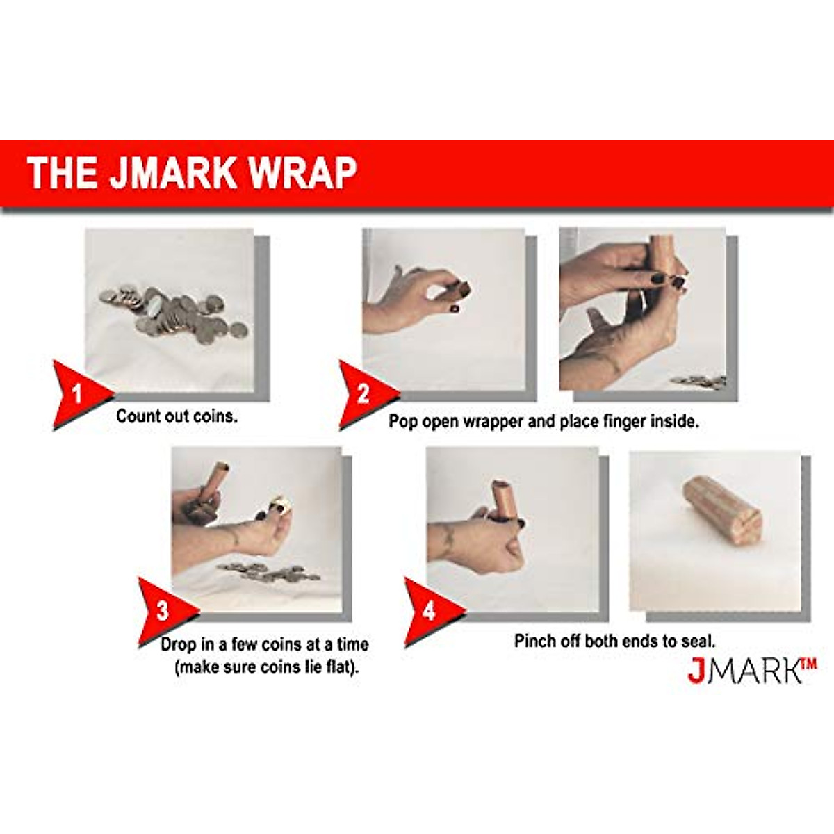 J Mark 400 Neatly-Packed Flat Coin Roll Wrappers Assorted, Made in USA, (Quarters, Dimes, Nickels, Pennies), ABA Striped Kraft Paper Coin Rolls Wrappers, Includes J Mark Deposit Slip