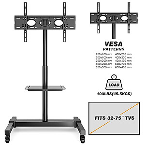 5Rcom Upgraded Rolling TV Stand, Sturdy TV Stand Mount with Locking Wheels for 32-75" Flat/Curved Panel Screens TVs, Height & Tilt Adjustable TV Floor Stand, Holds up to 100lbs