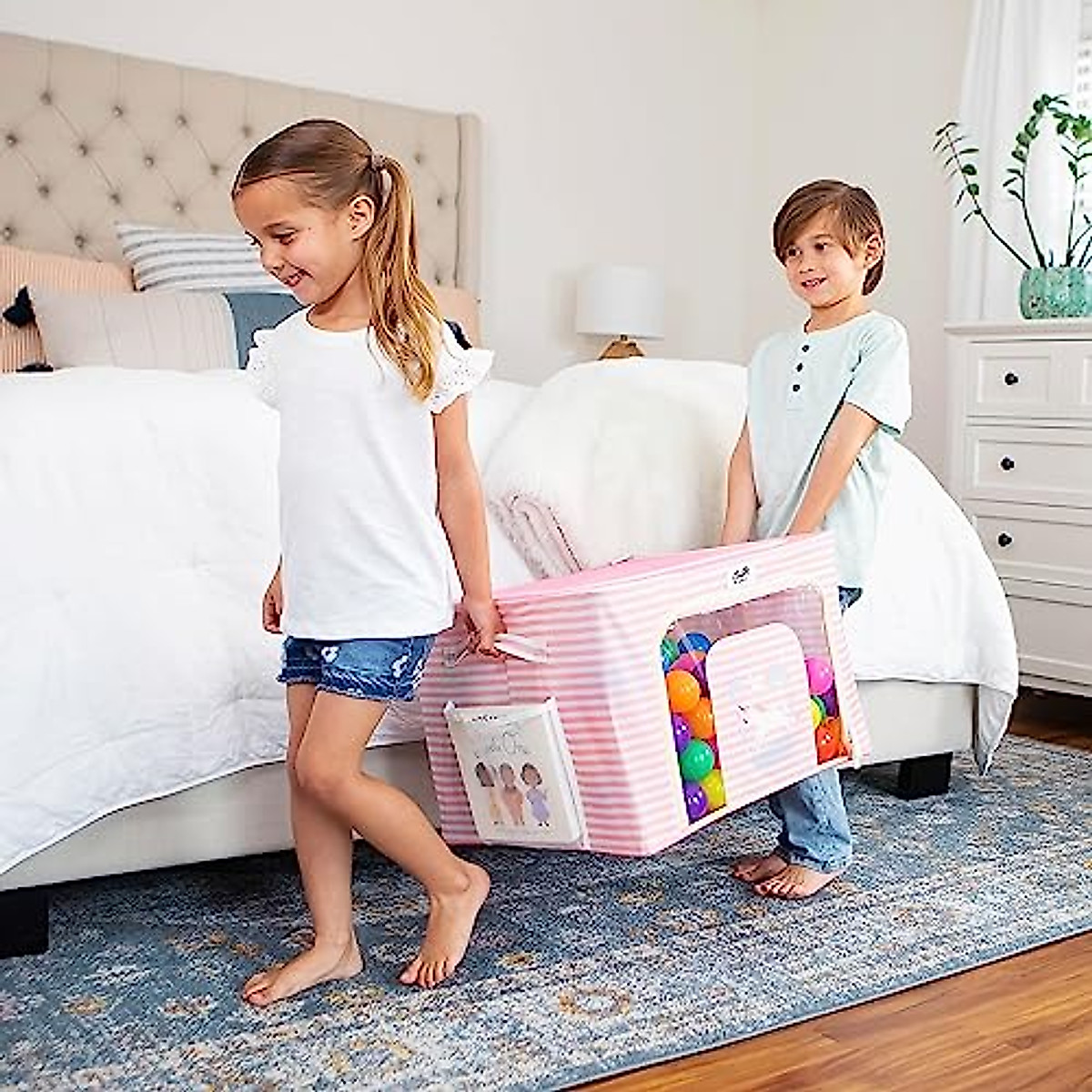 Foldable Big Toy Chest for Boys & Girls - Stylish Oxford Cloth Bedroom Play Room Organization Collapsible Storage Box with Side Pocket & Window - Versatile Kids Toy Bin - Pink, 19.7" x 15.7" x 13.0"
