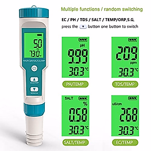 RCYAGO PH Meter, 7 in 1 pH/TDS/EC/ORP/S.G/Salinity/Temp Meter with ATC pH Tester, 0.01 Resolution High Accuracy Water Tester, pH Meter for Water Household Drinking, Swimming Pool and Aquarium