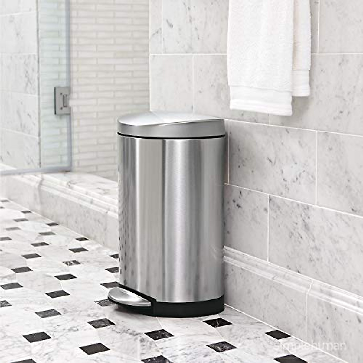 simplehuman 6 Liter / 1.6 Gallon Semi-Round Bathroom Step Trash Can, Brushed Stainless Steel & Code A Custom Fit Drawstring Trash Bags, 4.5 Liter / 1.2 Gallon, 90 Pack, White, 90 Count
